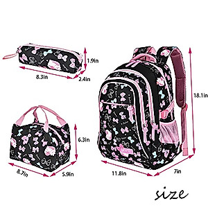 EFBJIXY School Backpack Girls Set 3 IN 1 Cute bookbags with Lunch Box Pencil Case Schoolbag Middle Elementary Preschool Kindergarten Supplies for Teen Little Children Student Black