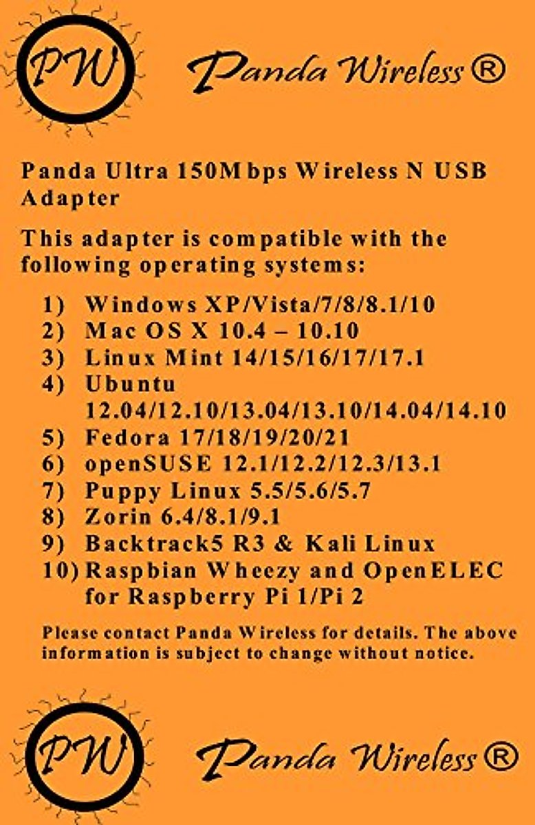 Panda Ultra 150Mbps Wireless N USB Adapter - Windows XP/Vista/7/8/8.1/10, Mac OS X 10.4-10.10, Mint, Ubuntu, Fedora, openSUSE, BackTrack5 R3, Kali Linux and Raspberry Pi 1/Pi 2