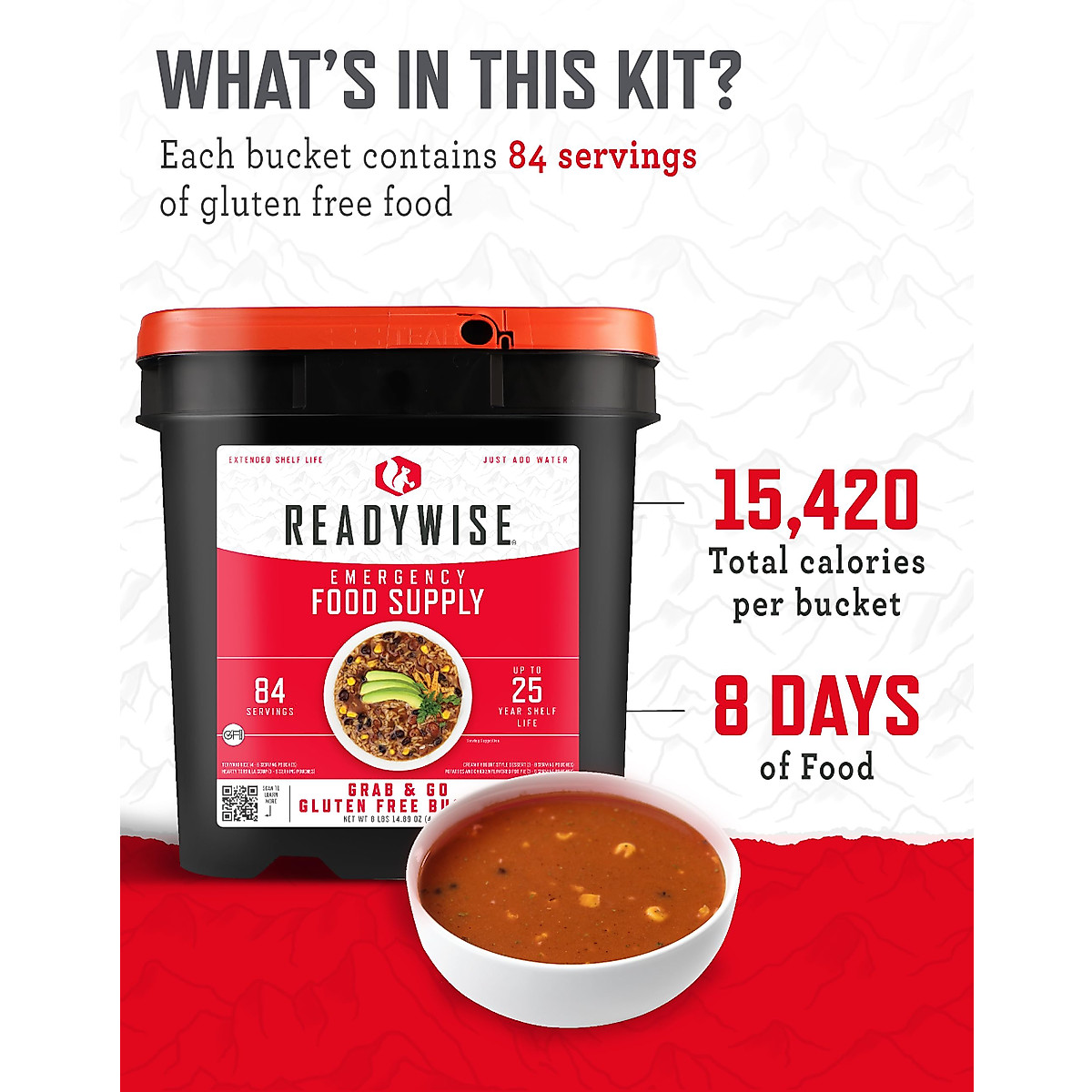 READYWISE - Gluten Free Bucket, 84 Servings, Emergency, MRE Meal Food Supply, Premade, Freeze Dried Survival Food for Hiking, Adventure & Camping Essentials, Individually Packaged, 25 Year Shelf Life