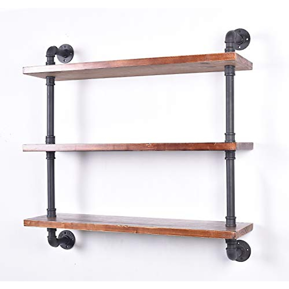 Diwhy Industrial Pipe Shelving Bookshelf Rustic Modern Wood Ladder Storage Shelf 3 Tiers Retro Wall Mount Pipe Design DIY Shelving (Black, L 36")