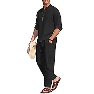 COOFANDY Men's 2 Pieces Linen Set Long Sleeve Henley Shirt and Holiday Beach Pants Casual Yoga Trousers Outfits