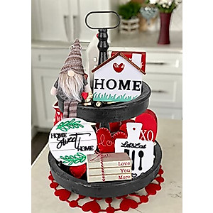 Two Tiered Tray Rustic Wooden Serving Tray Farmhouse Decor Tiered Tray Stand with Decorative Trays Sets Tiered Tray Decor Signs and Gonme Plush for Coffee Table Modern Home Decor or Cupcake Stand