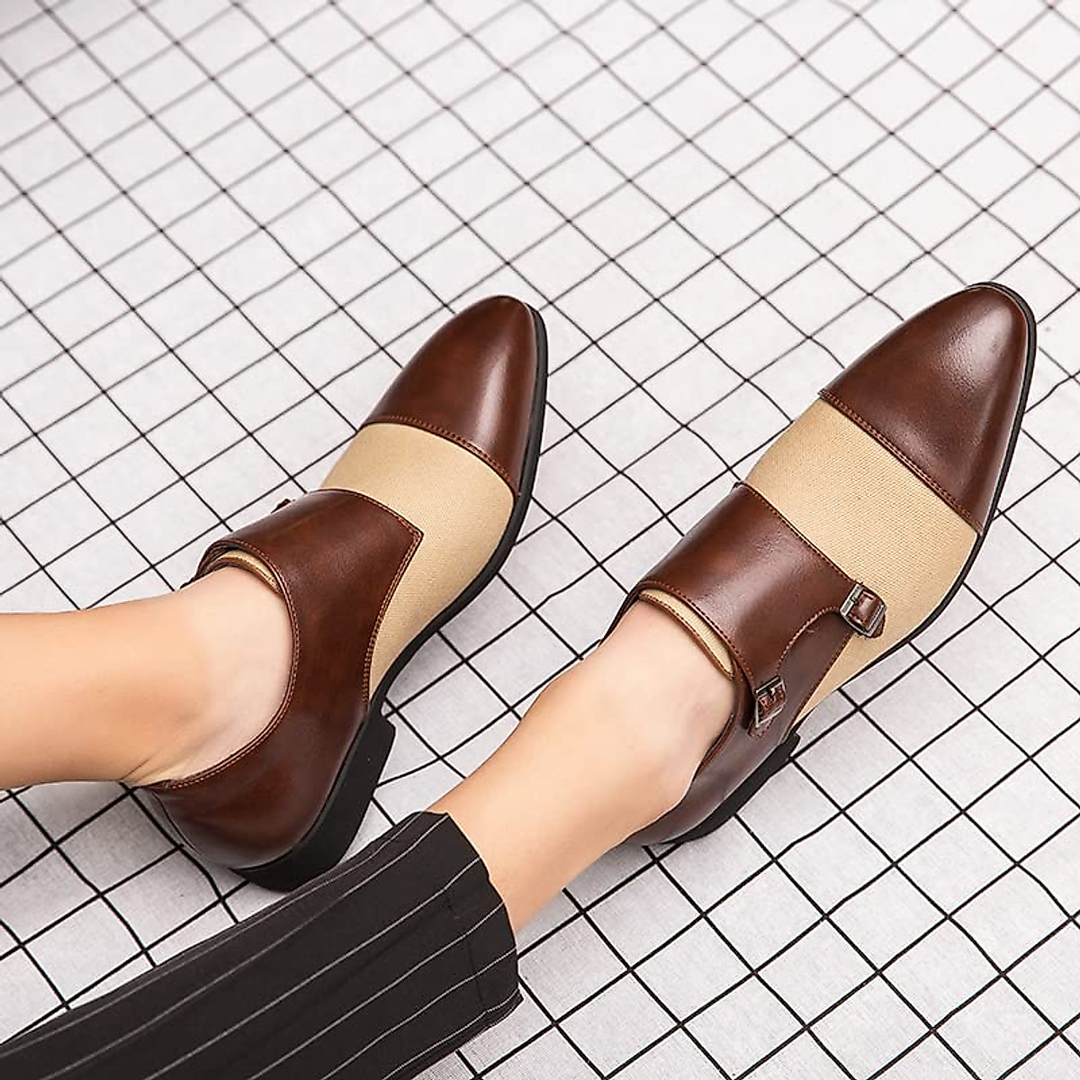 HuitJours Men Brown Double Monk Straps Slips on Dress Shoes Classic Loafers Two Tone Colors Buckle Shoes Zapatos de Vestir para Hombre