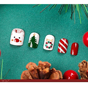Christmas Press on Nails Short Square Fake Nails with Rhinestone Wreath Designs Acrylic Nails Cute Red White Elk Deer Winter Green Xmas Tree Glue on Nails for Women Girls 24 Pcs