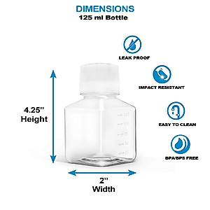 Black Magic 3D G6 Scientific 125 ml Plastic Reagent Bottle 6-Pack Laboratory Chemical Storage - Clear Graduated Square Polycarbonate Plastic Leakproof Bottles