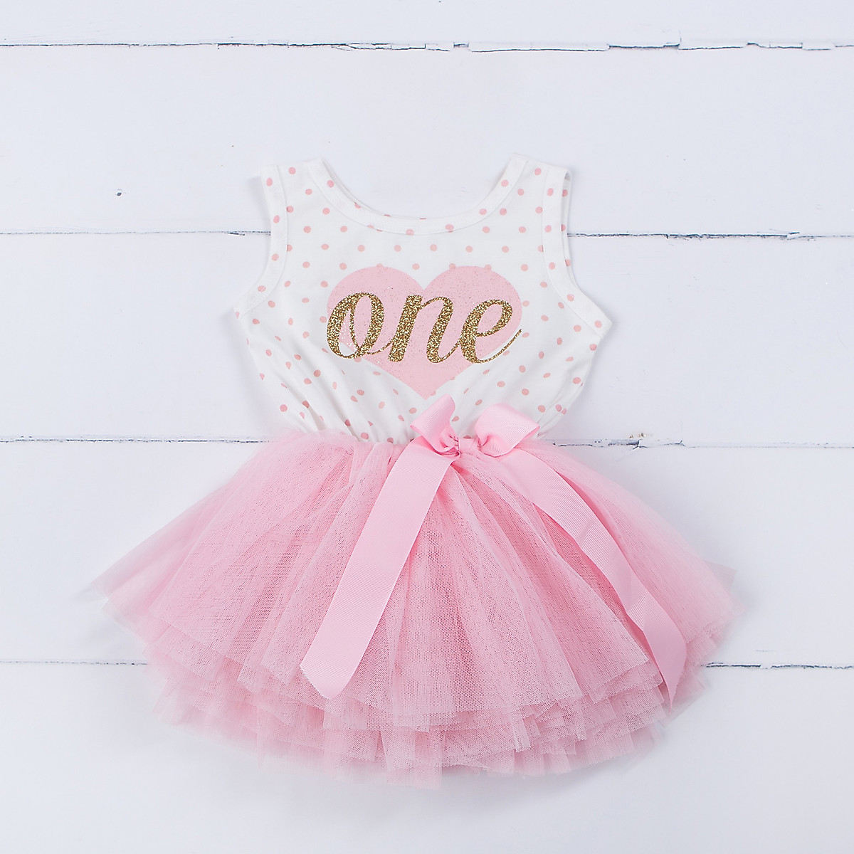 Grace & Lucille - Dress First Birthday | Pink Polka Dot Tutu Dress | Sleeveless Gold Sequin Heart Dress | 12-24 Months | 1T / 2T | Pink Polka Dot
