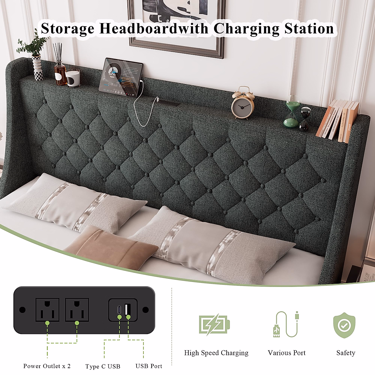 Feonase Queen Bed Frame with 4 Storage Drawers, Upholstered Storage Bed with Charging Station, Tufted Wingback Storage Headboard, No Box Spring Needed, Dark Grey