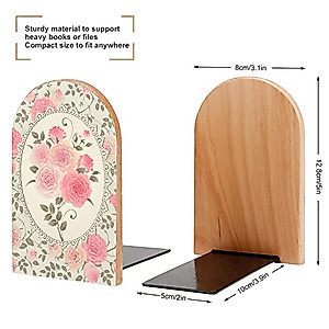 2 Pack Wood Bookends,Shabby Chic Roses Pattern Decorative Book Ends Support for Shelves Desktop Organizer Wooden Bookshelf for Home School Office