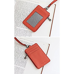ID Credit Credit Card Holder Wallet Necklace Landyard Zipper Badge Case Genuine Leather Cute Women (Green)