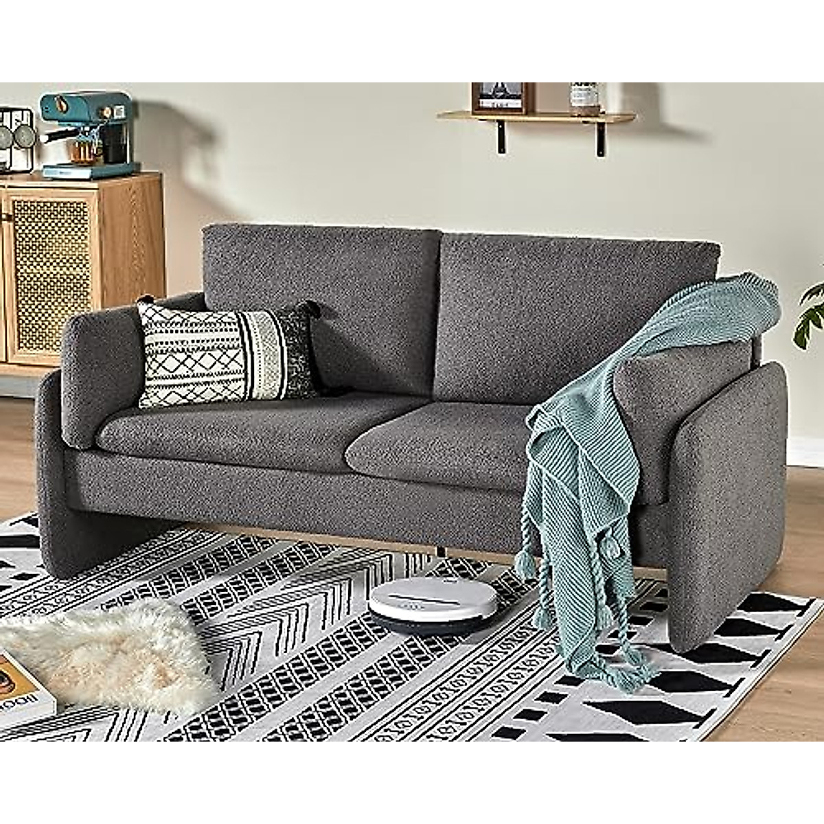 VanAcc Couch, Modern Sofa- Comfy Sofa Couches with Embedded Armrest, 3-Seater Couch for Living Room, Grey Bouclé