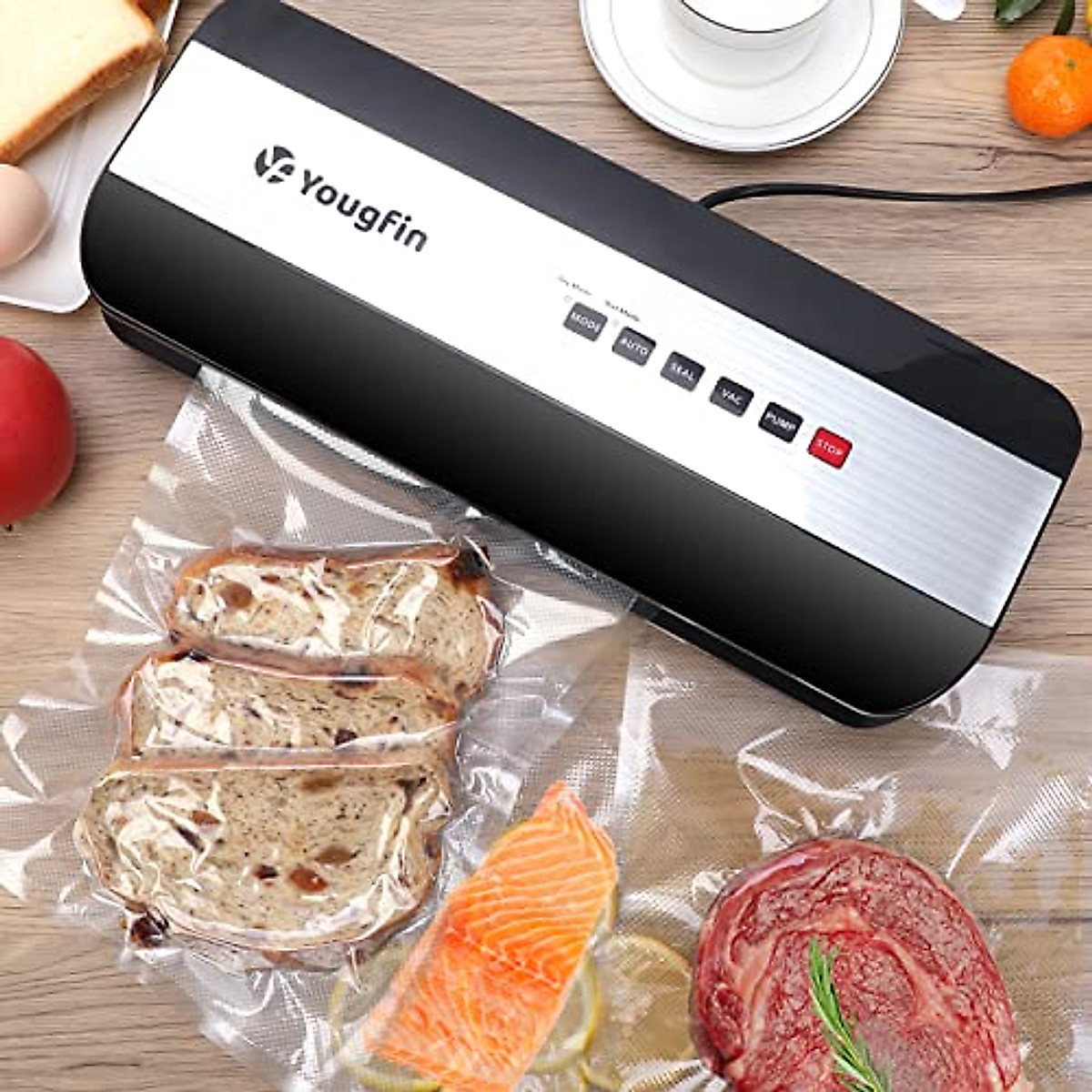 Yougfin Vacuum Sealer Machine, Dry & Moist Food Sealer with 6-in-1 Easy Operations for Food Storage and Sous Vide, Automatic Sealer Machine with 10 Sealer Bags, Touch Screen Design
