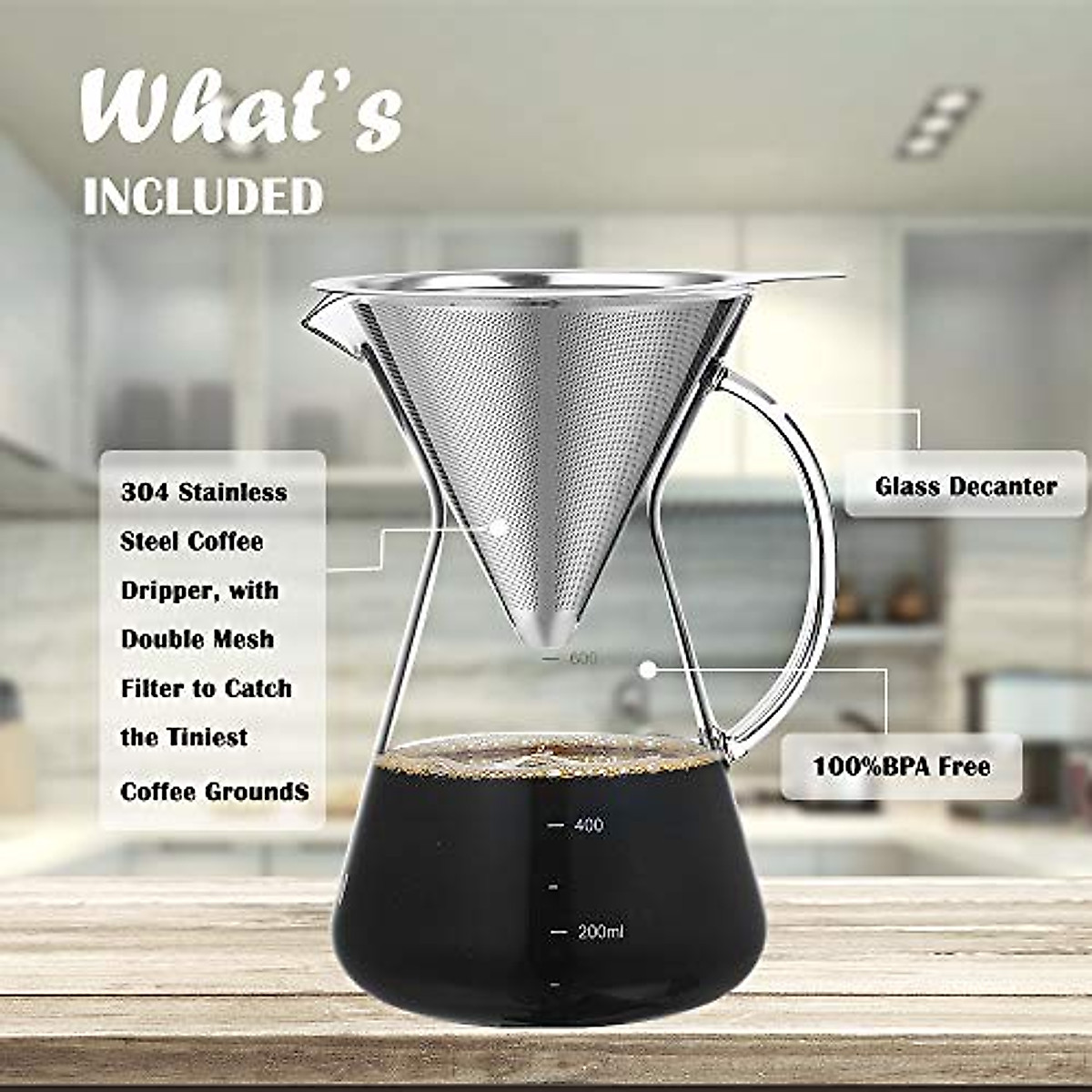 stlend Pour Over Coffee Maker Set-4 cup Borosilicate Glass Carafe with Reusable Stainless Steel Paperless Filter/Dripper, Manual Coffee Dripper for Home (21 oz/600 ml)