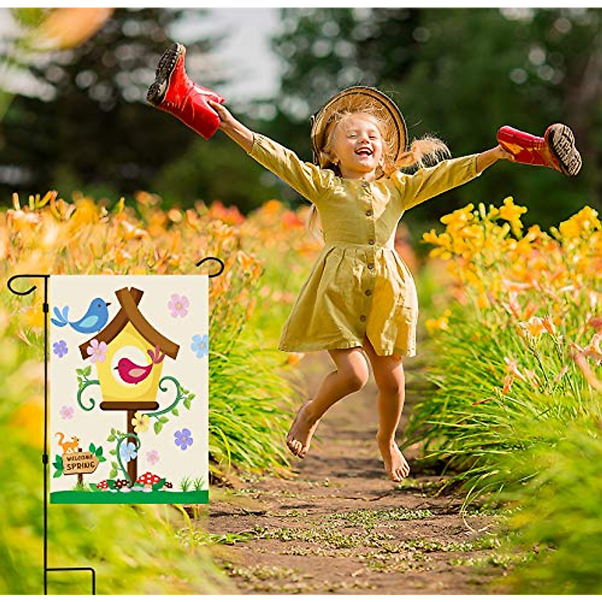 Spring Garden Flag,Hello Spring Flag Double Sided Welcome Burlap Seasonal House and Bird Spring House Flags 12.5 x 18 Inch Summer Yard Signs Outdoor Decor for Homes,Gardens,Patio or Lawn