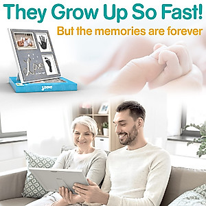 1Dino Premium Baby Handprint and Footprint Kit - 12.6” x 12.2" White/Grey Wood Baby Picture Frame - Includes 2X Clean Touch Ink Pad for Baby Hand and Footprints - Baby Registry, Baby Shower Gifts