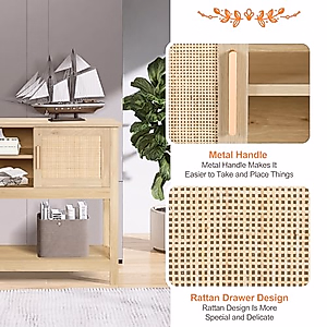 LAZZO Rattan Console Table 47" Narrow Entryway Table Sofa Table Behind Couch Table Coffee Bar with 2 Door Cabinets, 2 Drawers and Open Storage Shelf for Living Room, Foyer and Hallway Natural Wood