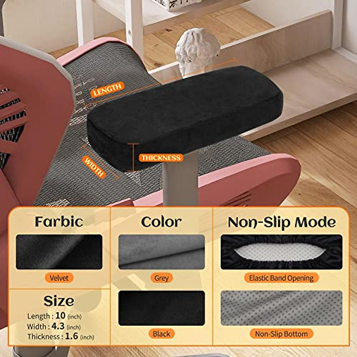 RULAER New Ergonomic Office Chair Arm Pads Super Soft Gaming Chair Accessories Gel Non-Slip Cover Removable Washable Kids Memory Foam Pillow-Help Relieve Elbow Fatigue(Set of 2) (Velvet,Black)