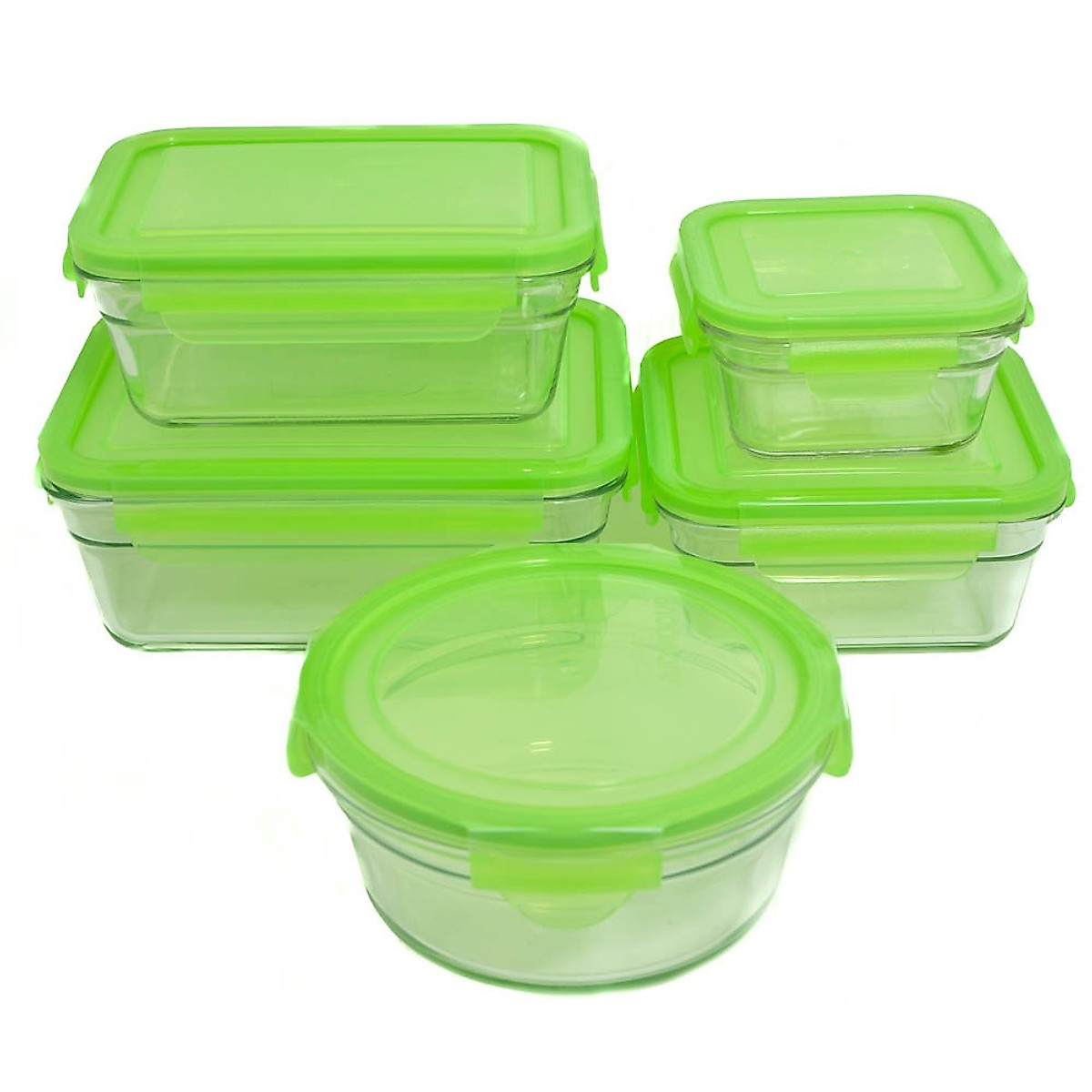 Snapware Glasslock Safe Food Glass Containers Set, Set of 5 Containers & 5 Lids, Color Green Lids