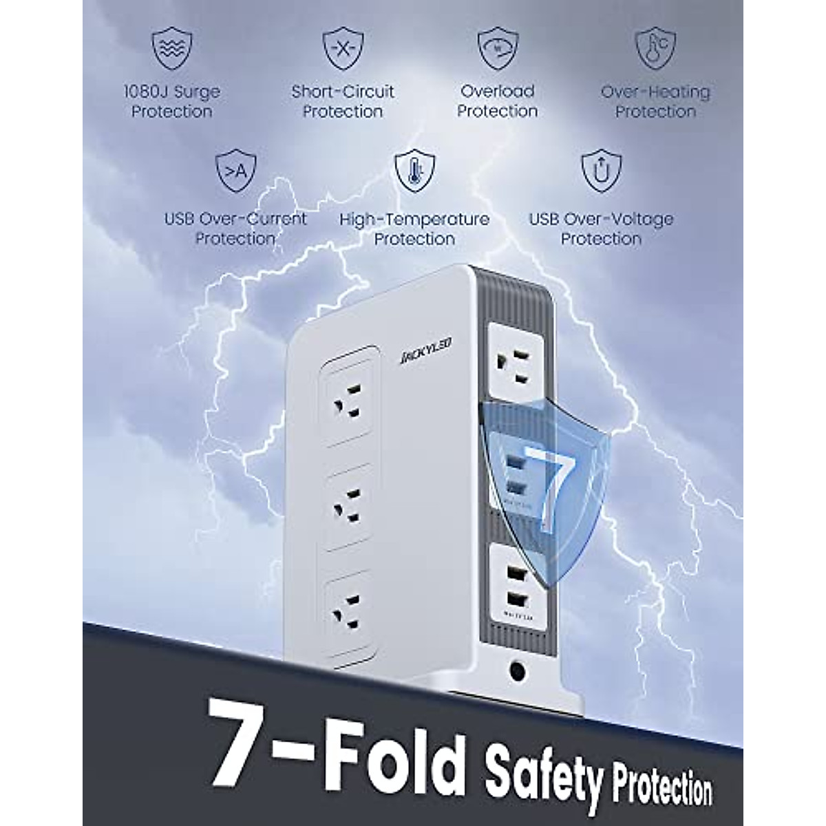 Power Strip Surge Protector Tower - JACKYLED 10 Outlet 4 USB Vertical Charging Station, 1875W 15A, 1080J with 6ft Heavy Duty Extension Cord for Multiple Devices, Home Office Dorm RV