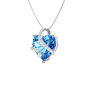 Diamondere Natural and Certified Heart Cut Blue Topaz and Diamond Wrap Heart Petite Necklace in 14k White Gold | 1.68 Carat Pendant with 18 Inch Chain