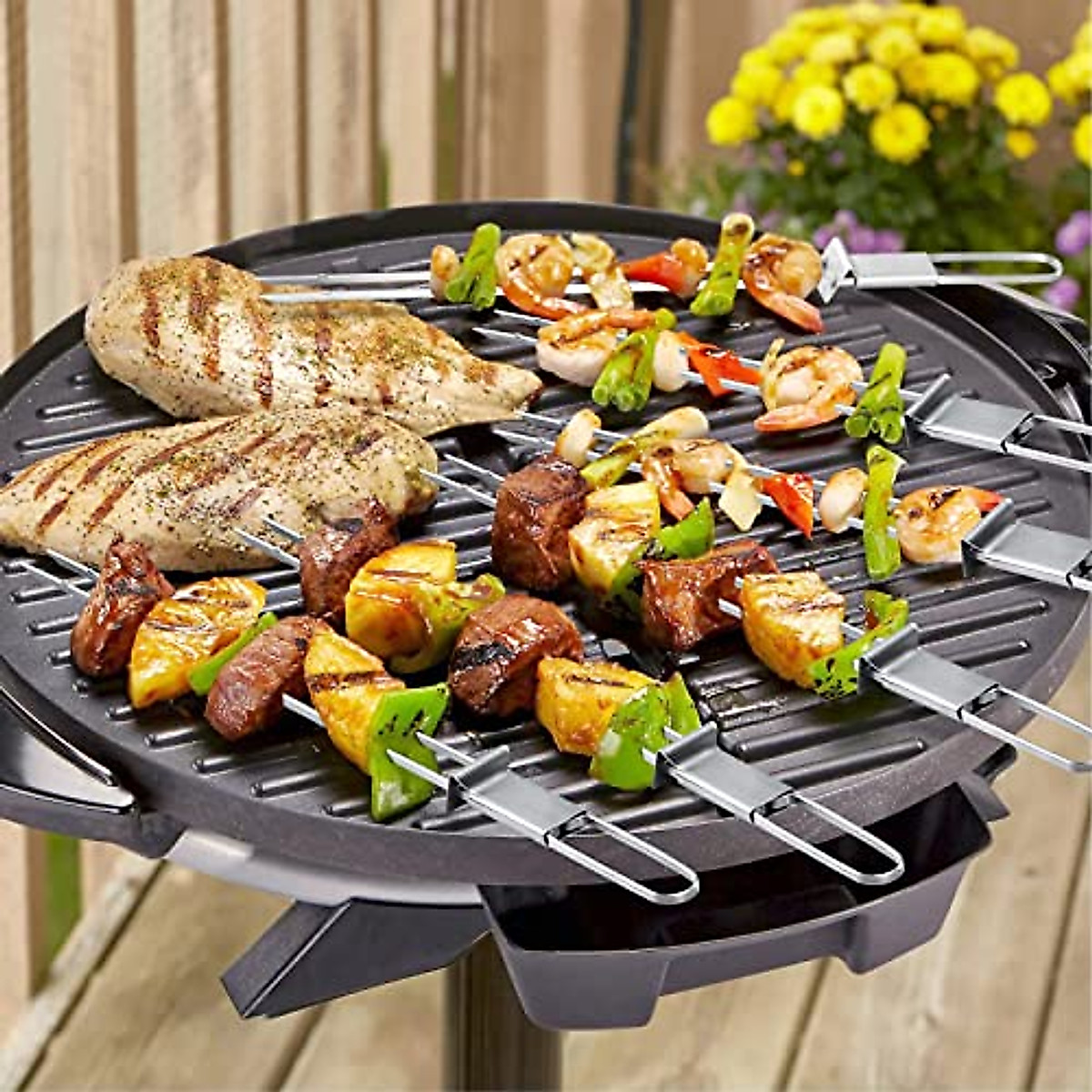 6 Pack Kabob Skewer for Grilling- 17" Long Metal Stainless Steel BBQ Skewer Stick with Push Bar, Reusable Double Pronged Kebab Skewer Tool Quick Release Meat, Chicken, Vegetable and Fruit