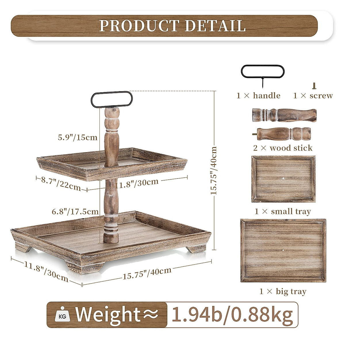 Hanobe Tiered Tray for Table Decor: 2 Tier Easter Serving Stand Farmhouse Decorative Tray for Coffee Bar Centerpiece Rectangle Wood Display Stands Kitchen Counter (Brown)