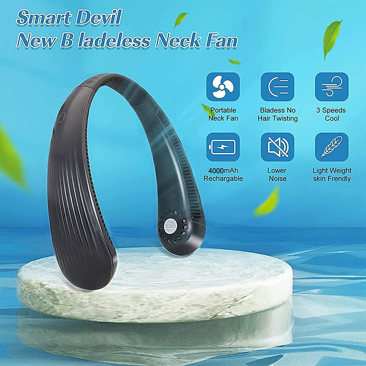 MQFORU Portable Neck Fan, Hands Free Bladeless Personal Fans - 3 Speeds, 64Air Outlet, Up to 8Hrs Use Time, 360°Cooling USB Rechargeable Wearable Fan for Office Camping Sports Travel (Black)