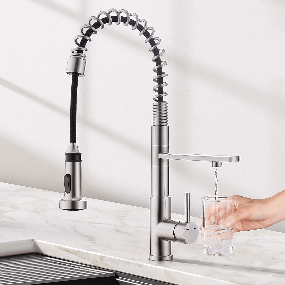 CREA 3 in 1 Kitchen Faucets with Drinking Water Faucet Spout,High arc Spring Gooseneck Commercial Single Handle Kitchen Faucet with Pull Down Sprayer,Water Filter Faucet for Kitchen Sink Bar RV Camper