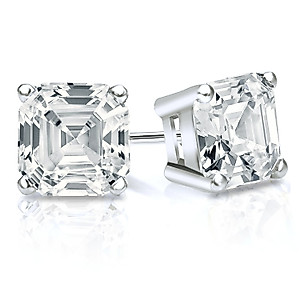 1/2 Carat Lab Grown Diamond Asscher Cut Stud Earrings in 14k White Gold (VS-SI, cttw) 4-Prong Basket Screw Back by Diamond Wish