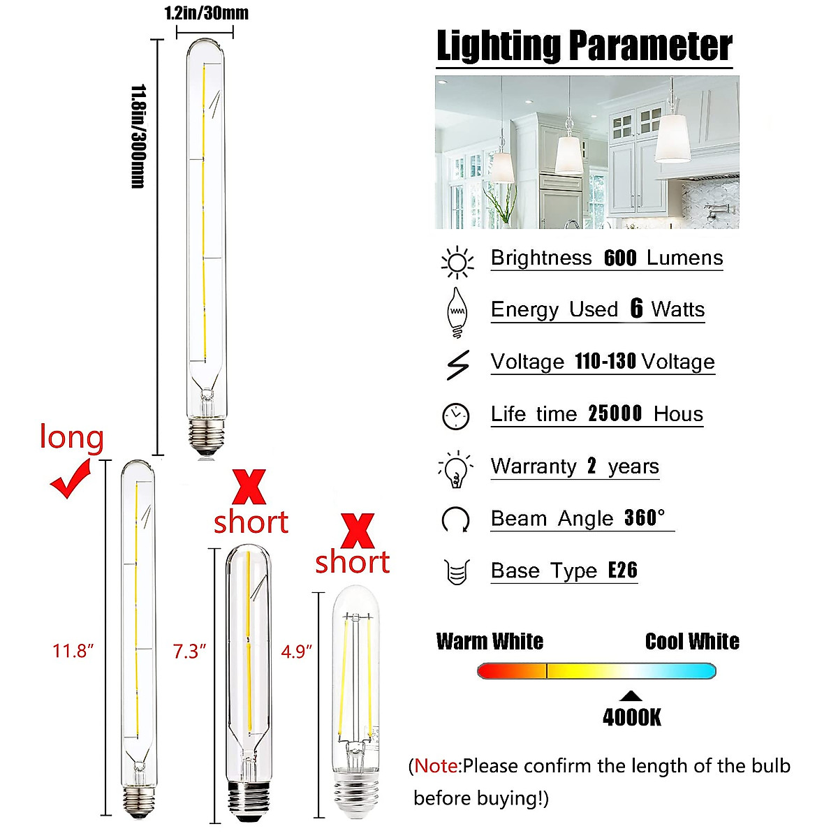 HXM T300 LED Bulb, 6W Dimmable T30 LED Tubular Bulb, Retro Edison LED Long Tube Bulb 6W, 60W Incandescent Bulb Equivalent, 4000K Dayligt White, Transparent Glass, E26,Pack of 4