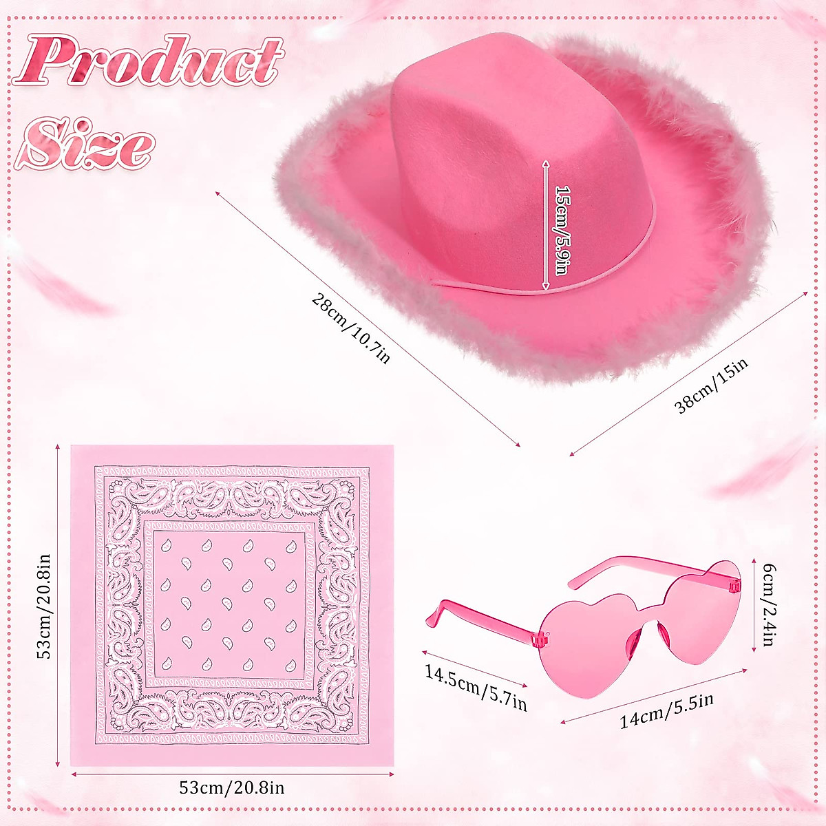 Handepo 6 Pcs Cowboy Hat Set Cowgirl Hat with Feather Heart Shaped Sunglasses Paisely Bandana Accessories for Women Men Bachelorette Party Costume, Assorted Colors