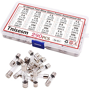 Tnisesm 290 Pcs Fast Blow Glass Fuses Assortment Kit 0.2A, 0.5A, 1A, 2A, 3A, 4A, 5A, 6A, 8A, 10A, 12A, 15A, 20A 5 x 20mm, 5A, 10A, 6 x 30mm 15 Values 250V with Plastic Box Tn-18-1