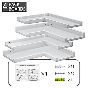 4 Tier Corner Wall Shelf, Floating Corner Shelves with Lip, White Modern Corner Shelves Wall Mounted, Solid Pine Wood Wall Shelf L shaped shelf for Living Room, Bedroom, Bathroom, Home Storage