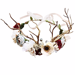 Vivivalue Deer Flower Crown Boho Flower Headband Hair Wreath Floral Headpiece Halo with Ribbon Wedding Party Festival Photos
