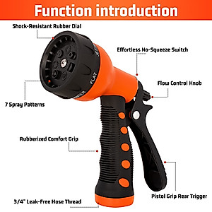 NEXCOVER Garden Hose Nozzle Sprayer - 7 Adjustable Watering Patterns Nozzle for Water Hose, Non-Slip Garden Spray Nozzle for Car Washing, Watering Plants, Pets Showering, Lawns Cleaning, Orange