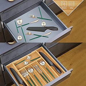 Bamboo Silverware Tray for Drawer, Expandable Utensils Drawer Organizer, Cutlery Dividers, 5-7 Compartments