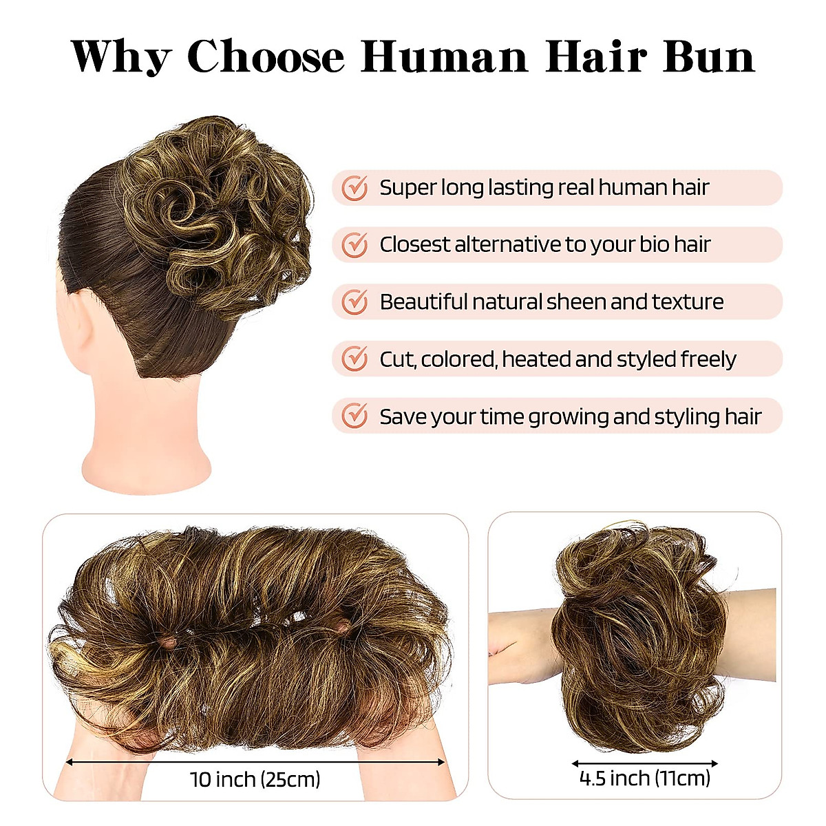 Flufymooz Messy Bun Hair Piece, 100% Real Human Hair Tousled Updo Extension Natural Curly Messy Bun with Elastic Band Hair Bun Hair Piece Ponytail Extensions for Women（Medium Brown with Highlights）