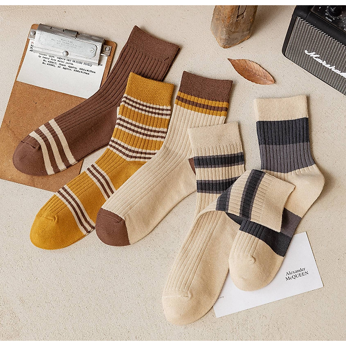 ZINDE 6 Pairs Soft Cotton Socks for Women Girl Thick Knit Breathable Cute Stripe Fashion Above Ankle Crew Socks Set (6 Pairs-08)