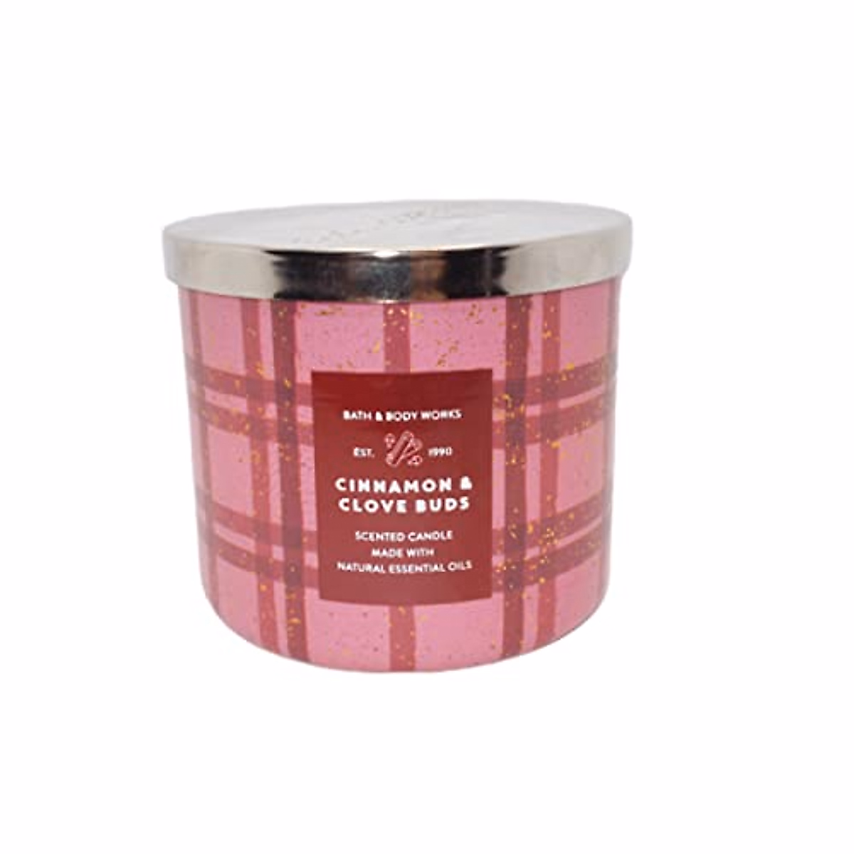 Batgh & Body Works Cinnamon and Clove Buds 3 Wick Candle 14.5 Ounce Pink Red Plaid Label Winter 2021