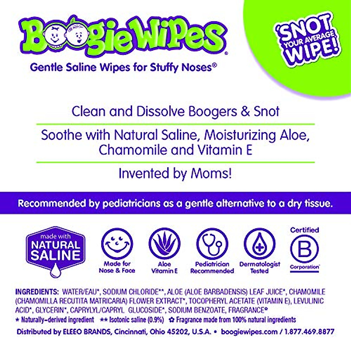 Boogie Baby Wet Wipes for Face, Hand, Body & Nose, Made with Vitamin E, Aloe, Chamomile & Natural Saline, Grape Scent, Purple, 30 Count, Pack of 3
