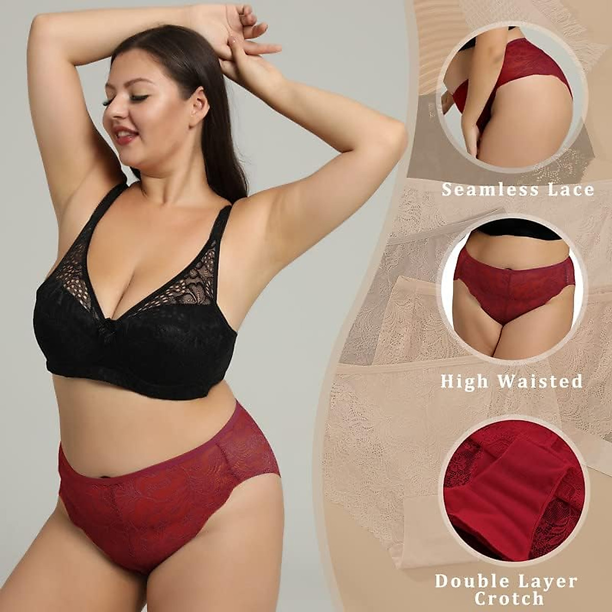 Cinvik Womens Lace Panties High Waisted Underwear Ladies Sexy Seamless Black 6 Pack M