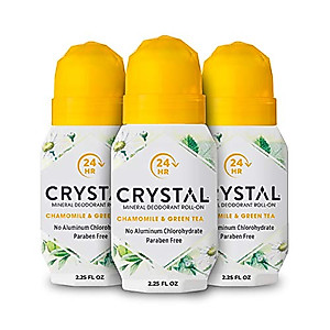 CRYSTAL Mineral Deodorant Roll-On- Body Deodorant With 24-Hour Odor Protection, Non-Staining & Non-Sticky Deodorant with Chamomile & Green Tea, Aluminium Chloride & Paraben Free, 2.25 FL OZ - 3 Pack