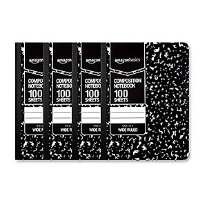 Amazon Basics Wide Ruled Composition Notebook, 100 Sheets, Marble Black, 4-Pack