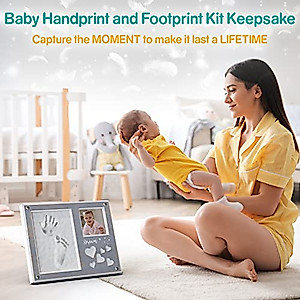 1Dino Premium Baby Handprint and Footprint Kit - 11.6” x 9.3" White/Grey Wood Baby Picture Frame - Includes 2X Air-dry Clay Pack for Baby Hand and Footprints - Baby Registry, Baby Shower Gifts