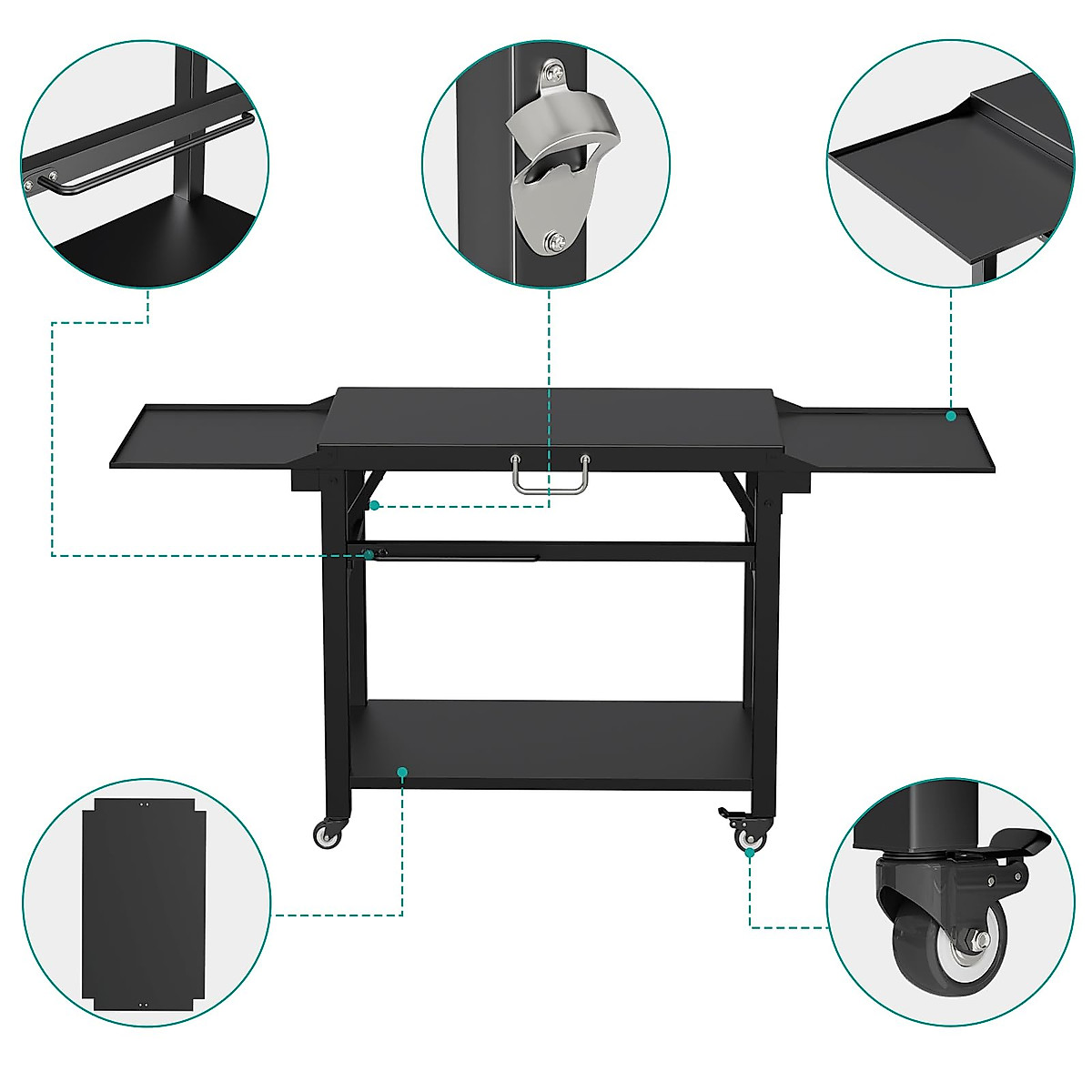 Upgrade Foldable Dining Cart Table, Movable Flattop Grill Cart Stand for Blackstone, Weber, Ninja, Portable BBQ Grill, Outdoor Pizza Oven and Other Grill Grddle, Grill Table Cart for Outside Camping