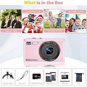 Digital Camera, Saneen FHD Kids Cameras for Photography, 4K 44MP Compact Point and Shoot Camera for Kids, Teens & Beginners with 32GB SD Card,16X Digital Zoom, 2 Rechargeable Batteries-Pink