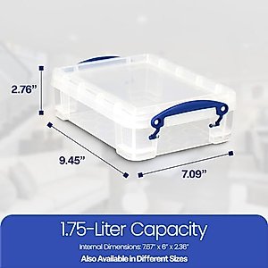 Really Useful Box 1.75 Liter Plastic Stackable Storage Container with Snap Lid & Built-In Clip Lock Handles for Home or Office Organization, 4 Pack