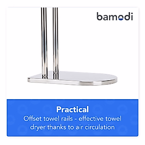 Bamodi Freestanding Towel Rack for Bathroom Floor - Practical Bath Towel Rack Holder Stand for Bathroom, Kitchen, Room - Easy to Assemble, with Offset Rails for Drying - Black Steel Finish