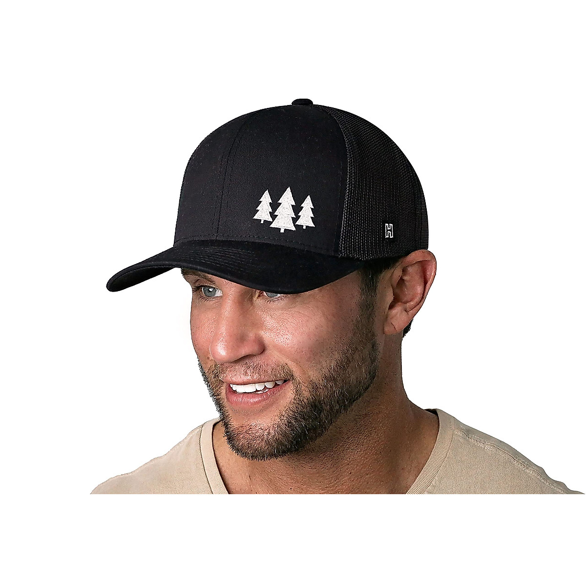 HAKA Pine Trees Embroidered Trucker Hat, Outdoor Hat for Men & Women, Adjustable Baseball Cap, Mesh Snapback, Golf Hat Black