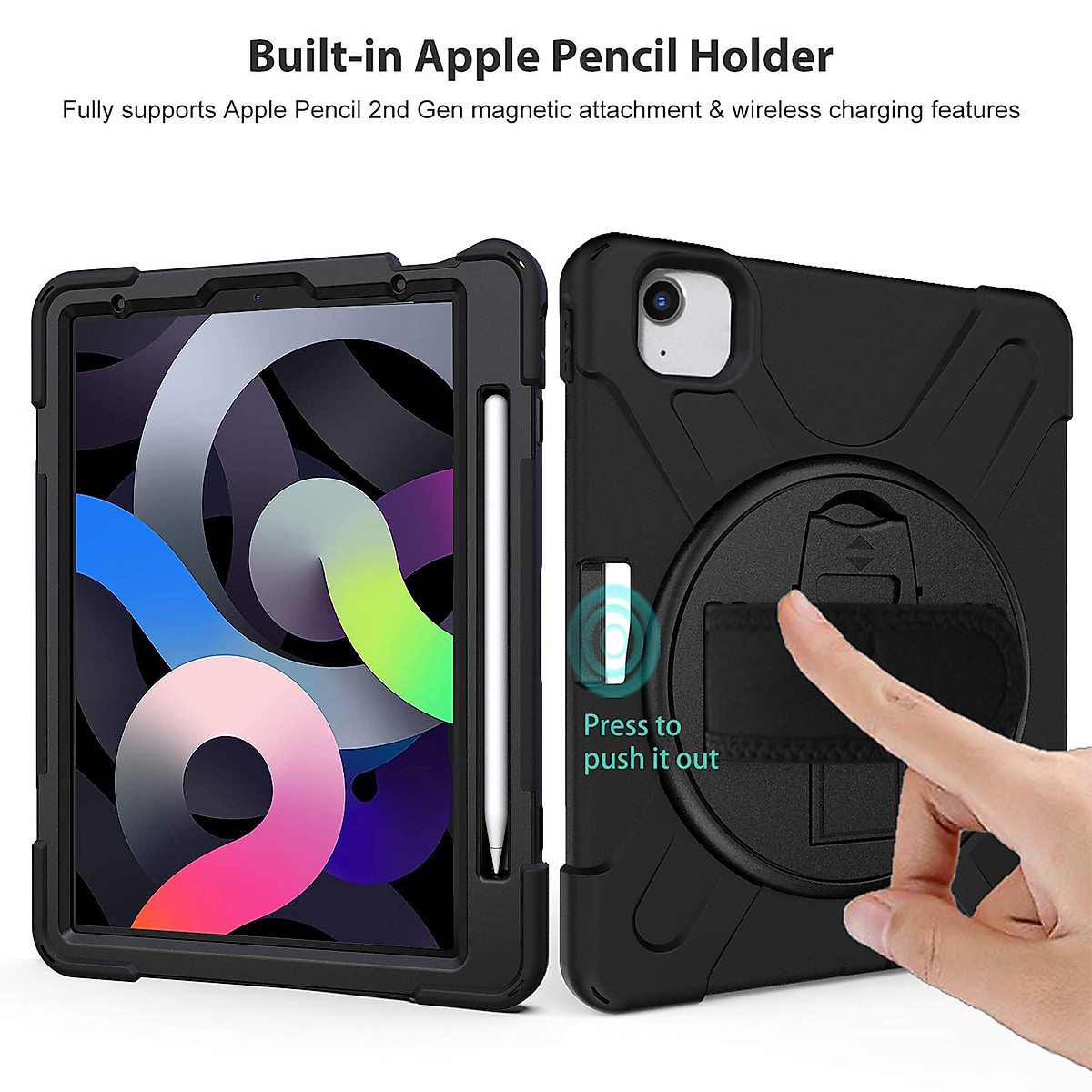 ProCase Rugged Case for iPad Air 11 inch (M2) 2024/ Air 5th / 4th Gen 10.9", Heavy Duty Shockproof Rotating Protective Cover for Air 11/5th Gen 2022 / 4th Gen 2020 -Black