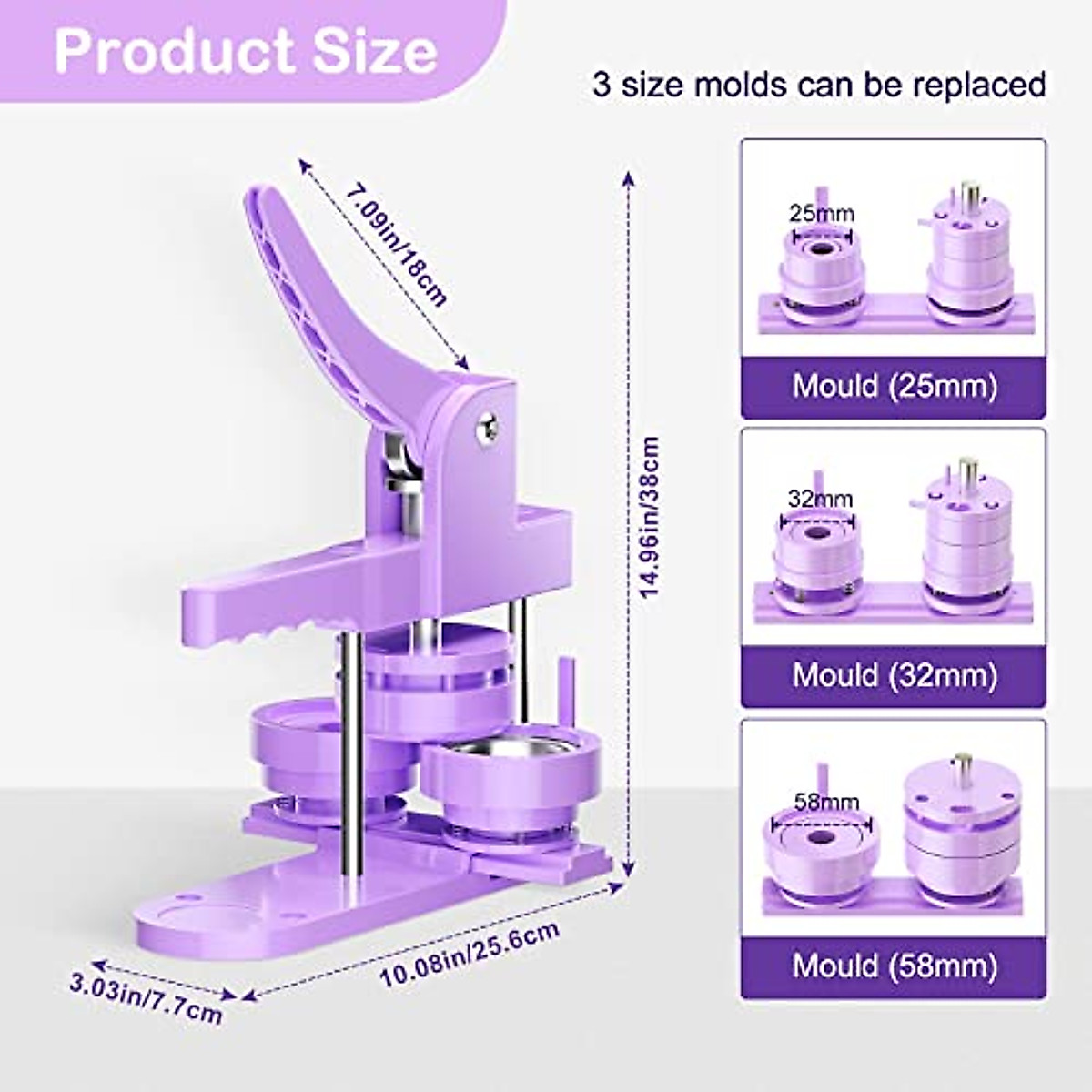 300pcs Button Pin Maker Machine Multiple Sizes 1''+1.25''+2.25'' Badge Button Press Machine with Button Parts&Circle Cutter&Picture (Purple)